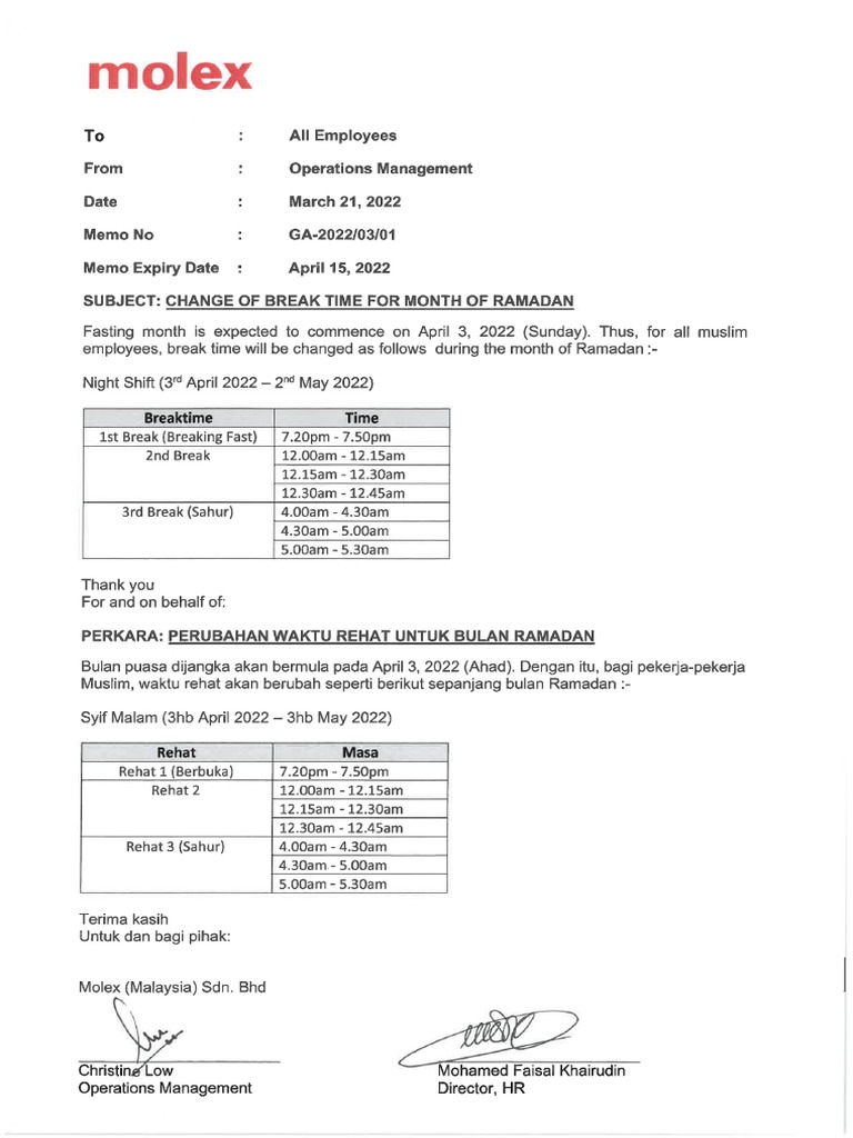 Memo Temporary Change of Break Time For Ramadan | PDF