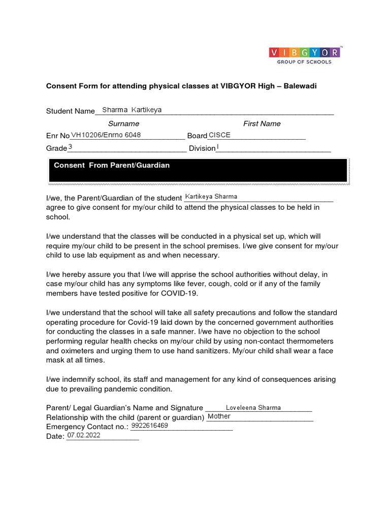 Consent Form For Attending Physical Classes at VIBGYOR High - Balewadi ...