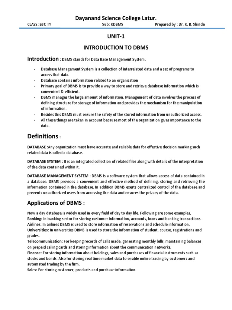 Definitions: Dayanand Science College Latur. UNIT-1 Introduction To Dbms | PDF | Databases ...