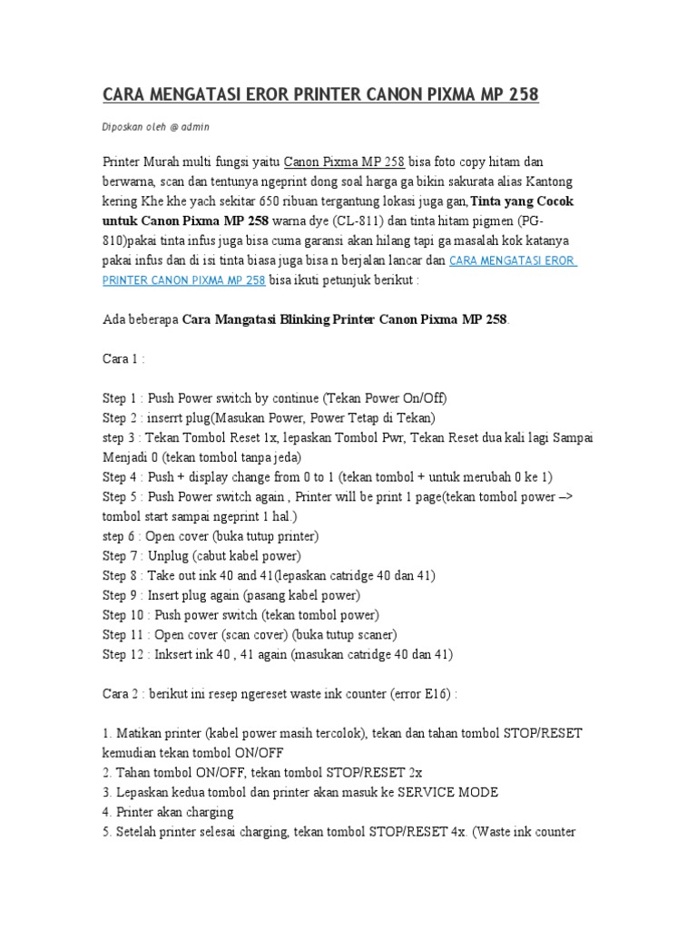 Cara Mengatasi Eror Printer Canon Pixma MP 258 | PDF | Komputer