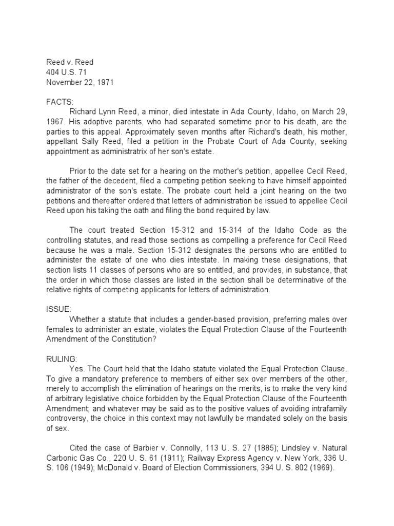 CASE DIGEST - Reed Vs Reed | PDF | United States Case Law | Crime ...