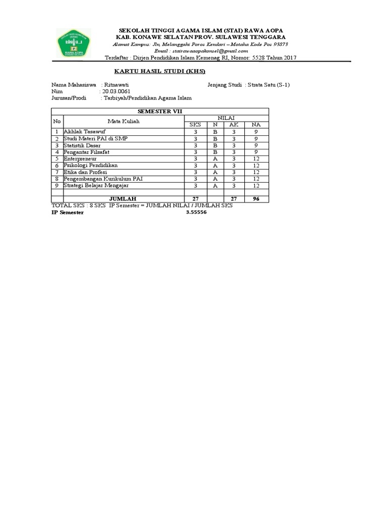 Kartu Hasil Studi (KHS) : Sekolah Tinggi Agama Islam (Stai) Rawa Aopa ...