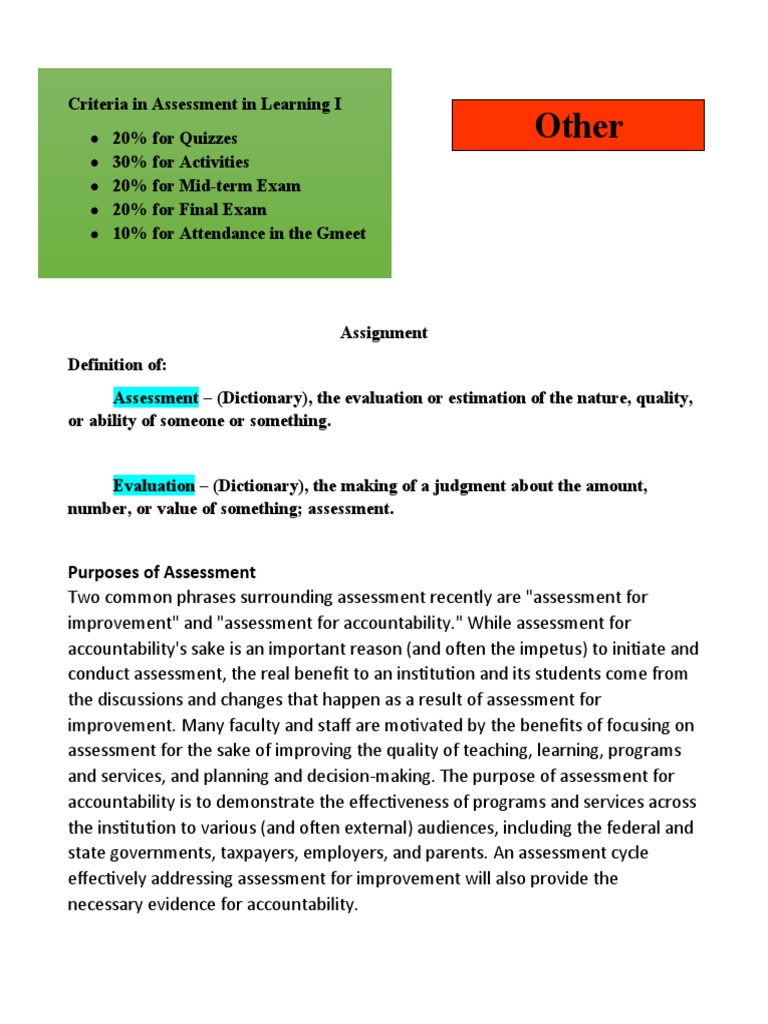 Criteria in Assessment in Learning I | PDF