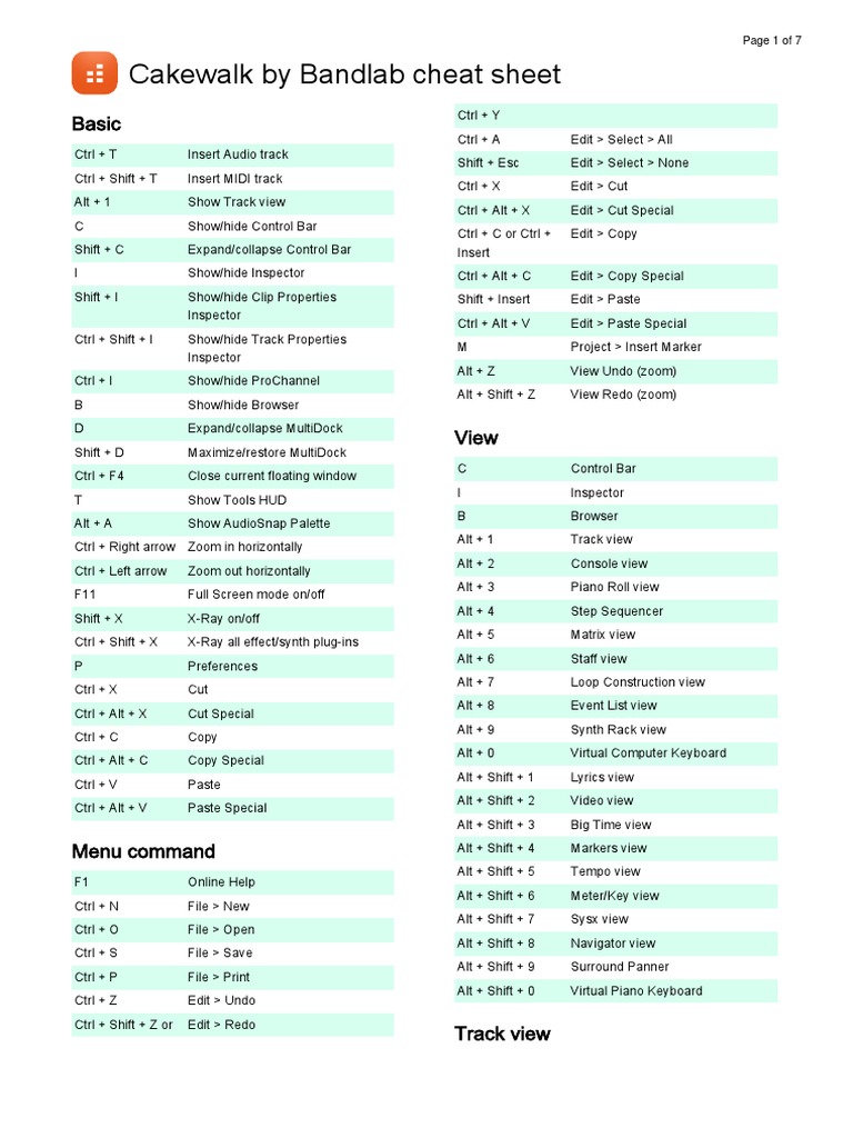 Cakewalk by Bandlab Cheat Sheet: Basic | PDF | Software | Computing