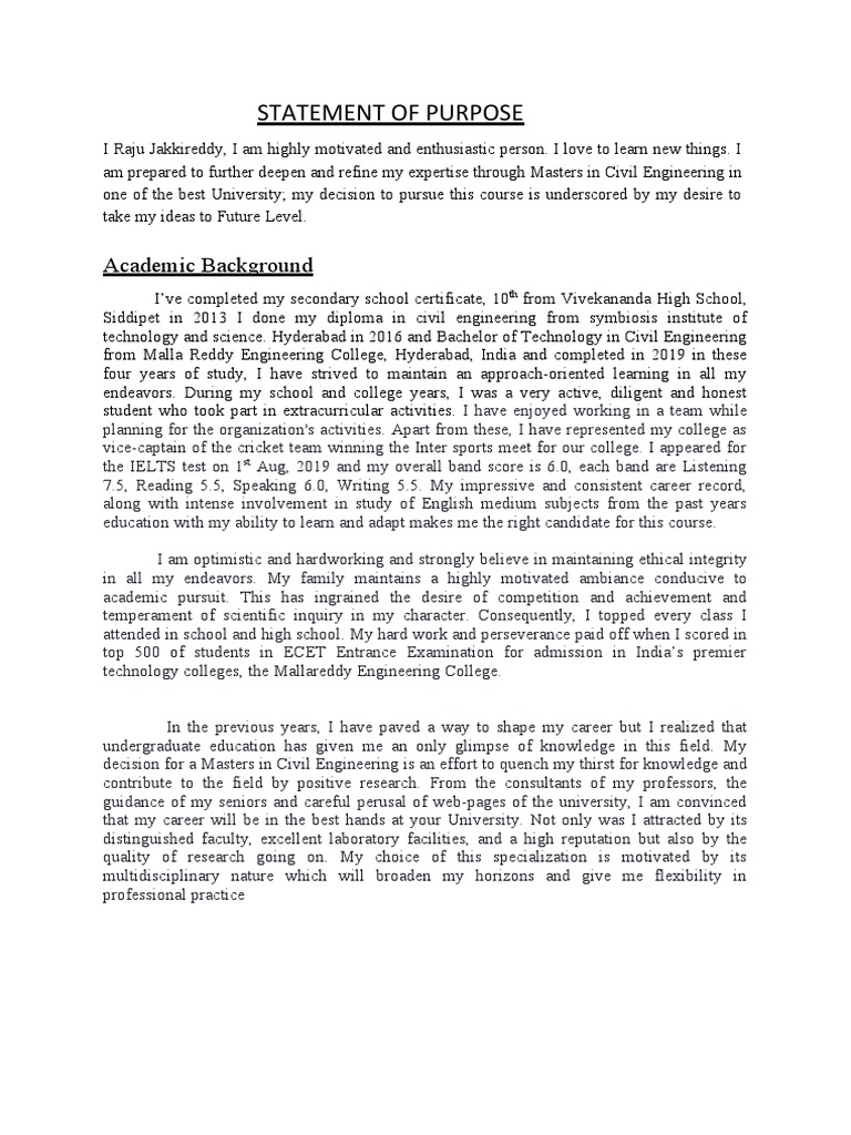 Raju Jakkireddy's Civil Engineering SOP | PDF | University | College