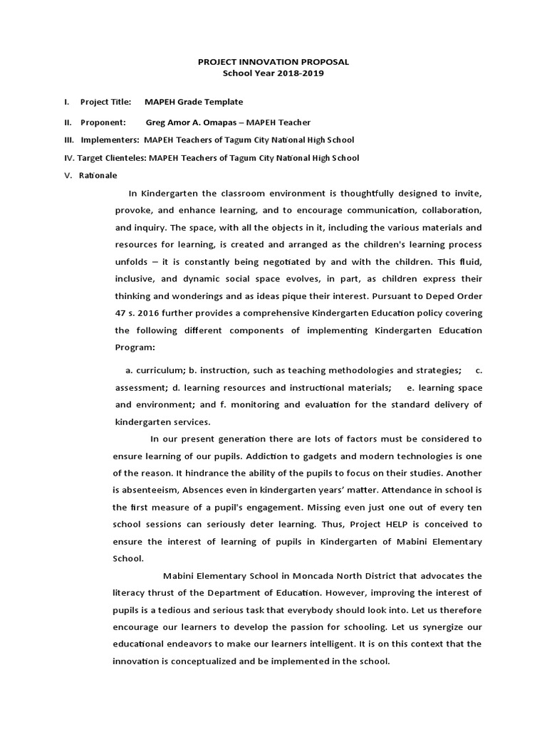 Project Innovation Proposal School Year 2018-2019 | PDF | Learning ...