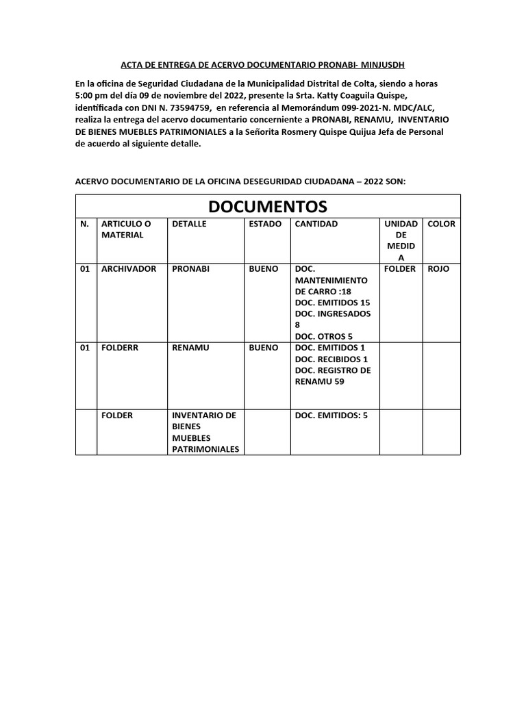 Acta de Entrega de Acervo Documentario Pronabi | PDF