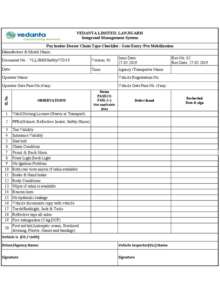 Dozer-Payloader CH Inspection Checklist GE | PDF