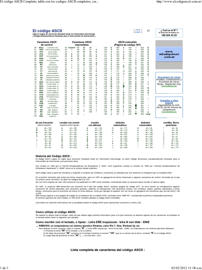 El Codigo Ascii Completo Tabla Con Los Codigos Ascii Completos Caracteres Simbolos Letras Ascii ...