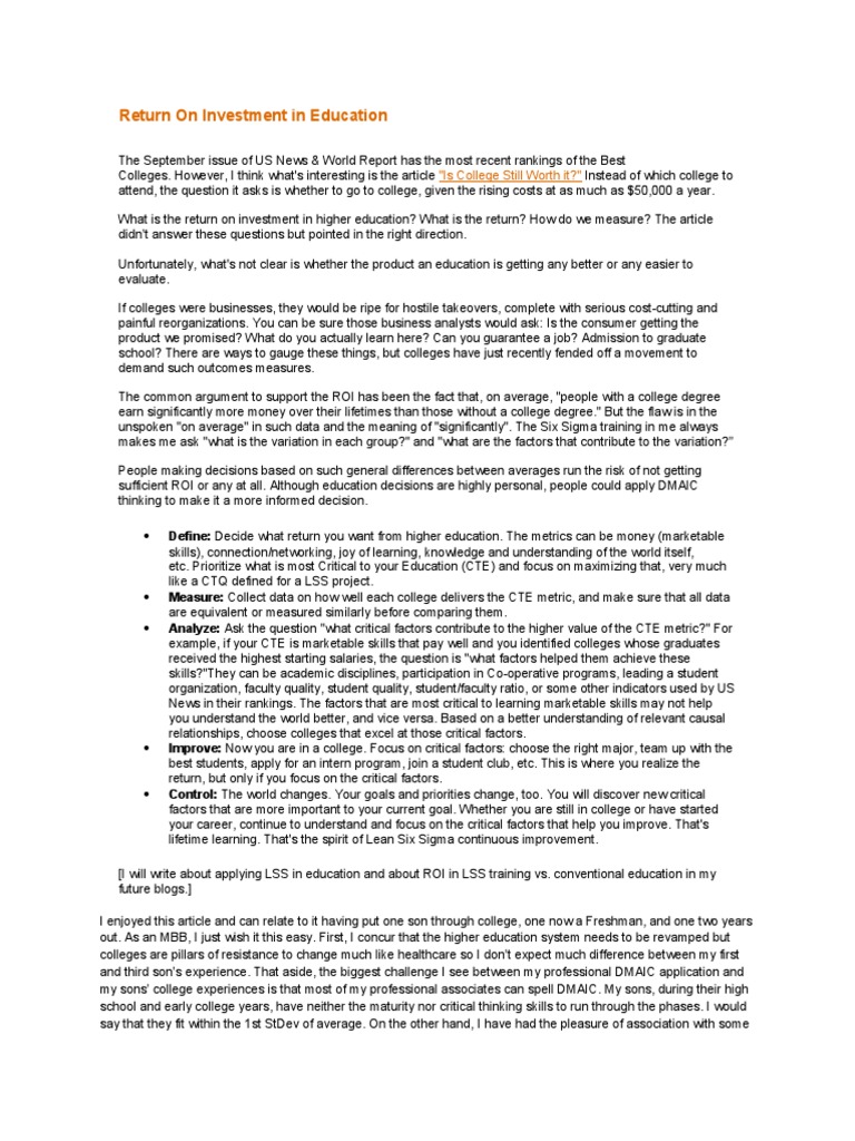 Return On Investment in Education | PDF | Return On Investment | Six Sigma