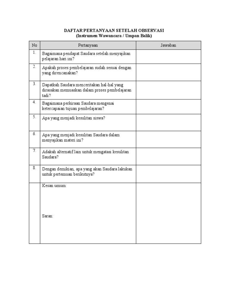 Daftar Pertanyaan Setelah Observasi | PDF | Sains & Matematika