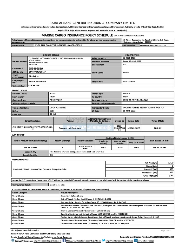 Bajaj Allianz General Insurance Company Limited: 2 Page 1 of | PDF ...