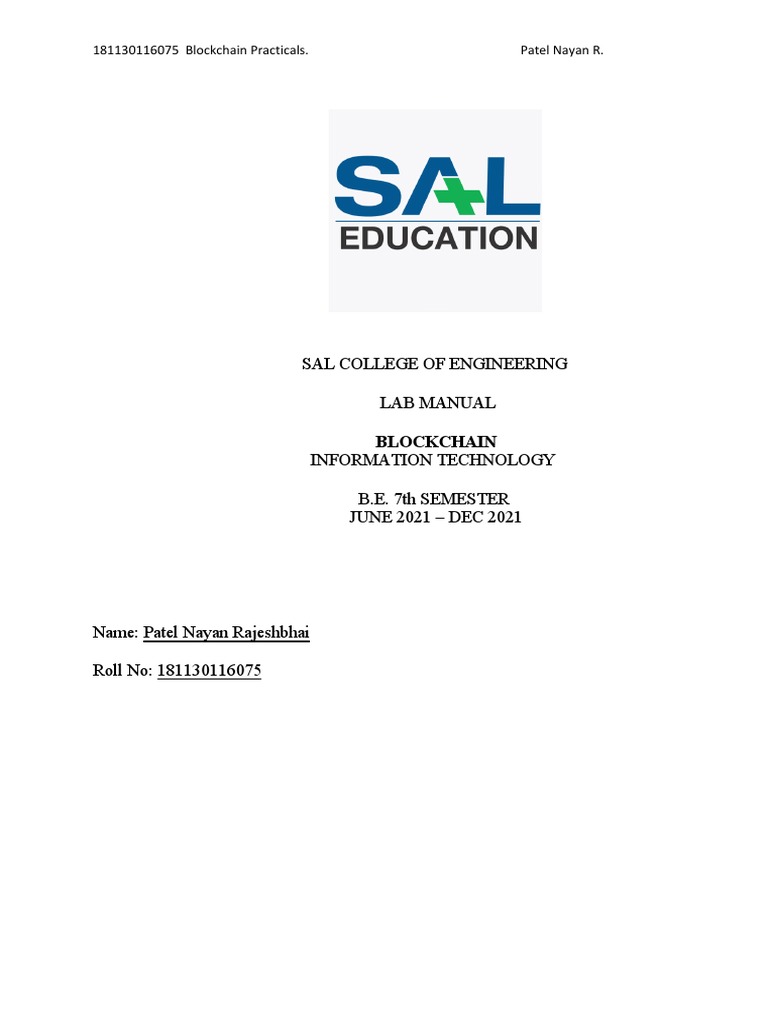 Sal College of Engineering Lab Manual Blockchain Information Technology B.E. 7Th Semester JUNE ...