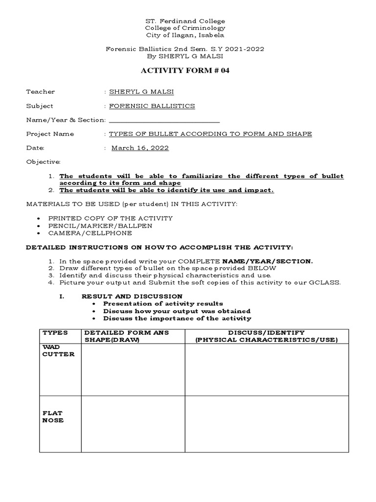 Activity #04 (Types of Bullet According To Shape) | PDF | Flight