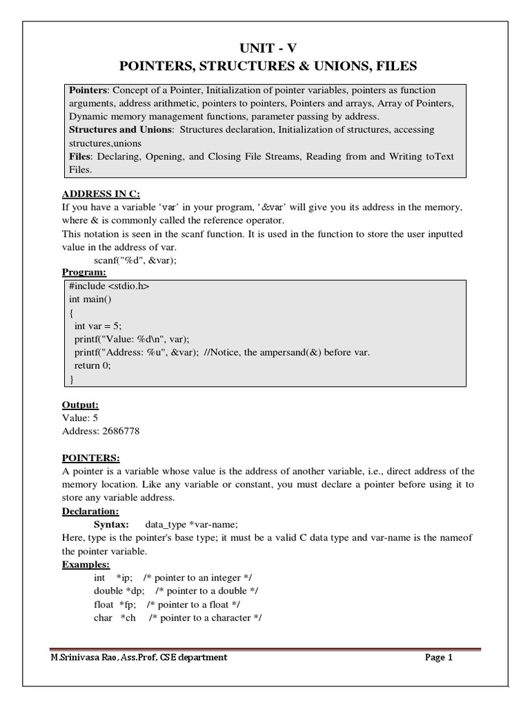 Unit - V Pointers, Structures & Unions, Files: M.Srinivasa Rao, Ass - Prof, CSE Department | PDF ...