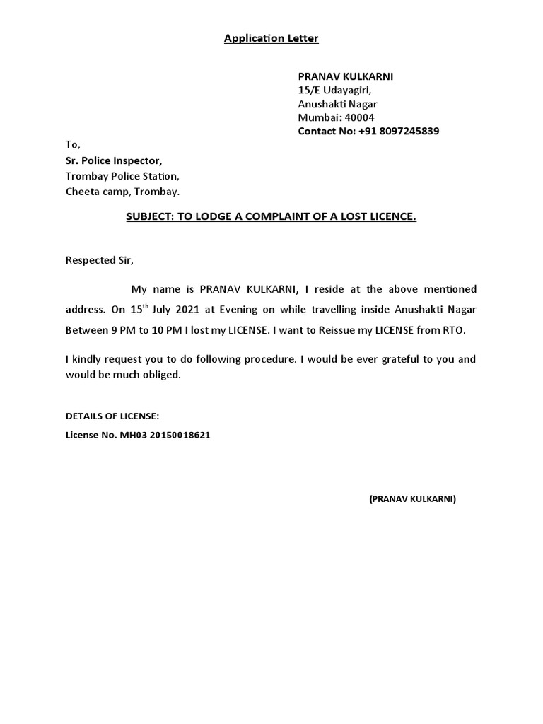Lost Driving Licence Complaint Letter | PDF