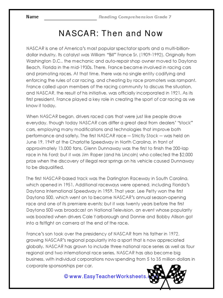 NASCAR: Then and Now: Reading Comprehension Grade 7 | PDF | Nascar ...