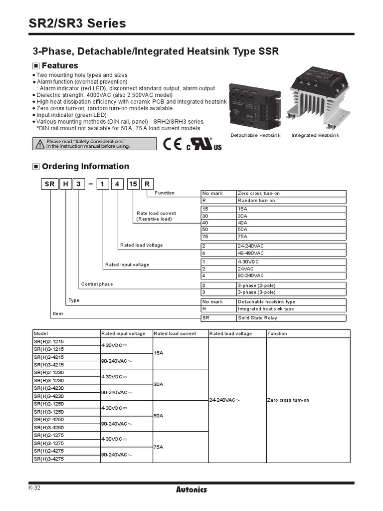 SR2/SR3 Series: 3-Phase, Detachable/Integrated Heatsink Type SSR | PDF | Bipolar Junction ...