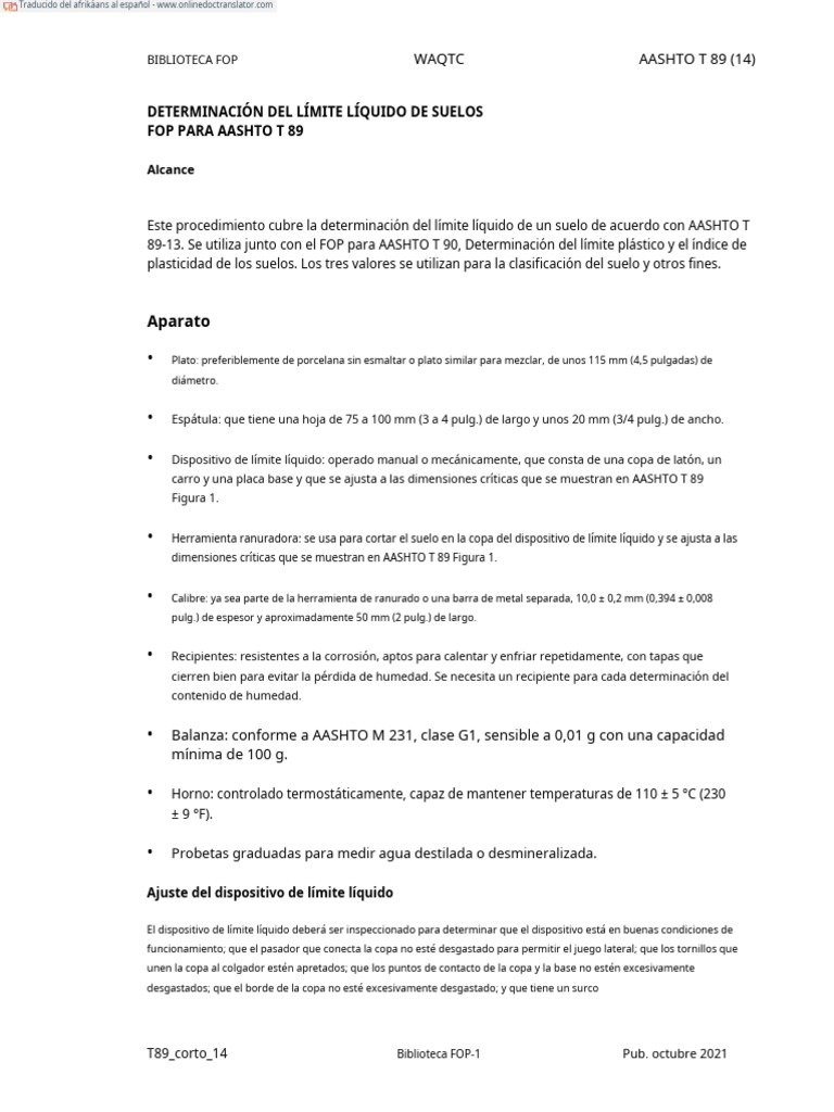 Límite Líquido de Suelos según AASHTO T 89 | PDF | Agua | Tierra