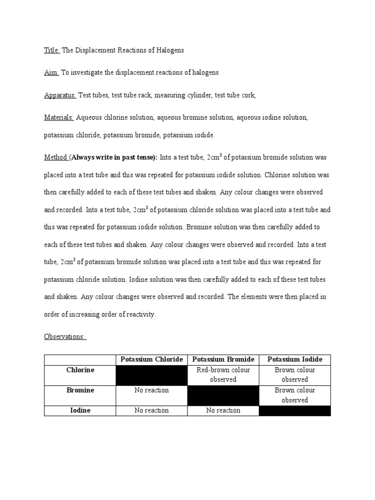 Investigating The Displacement Reactions of The Halogens | PDF | Iodine ...