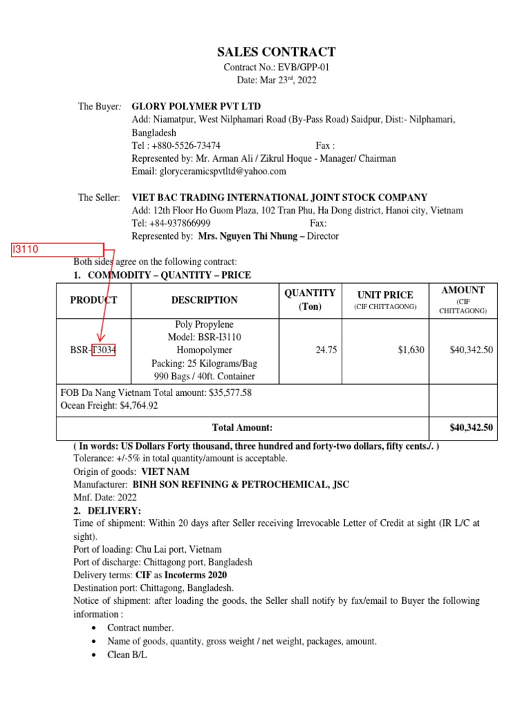 Sales Contract: 1. Commodity - Quantity - Price Product Description ...