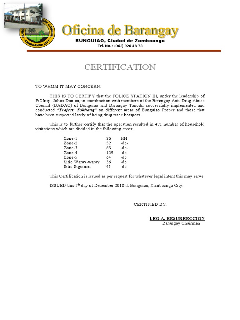 Certification (Tokhang) | PDF