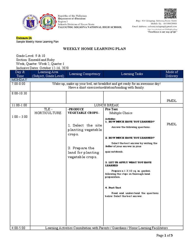 Enclosure 2A Sample Weekly Home Learning Plan | PDF | Pedagogy | Teaching