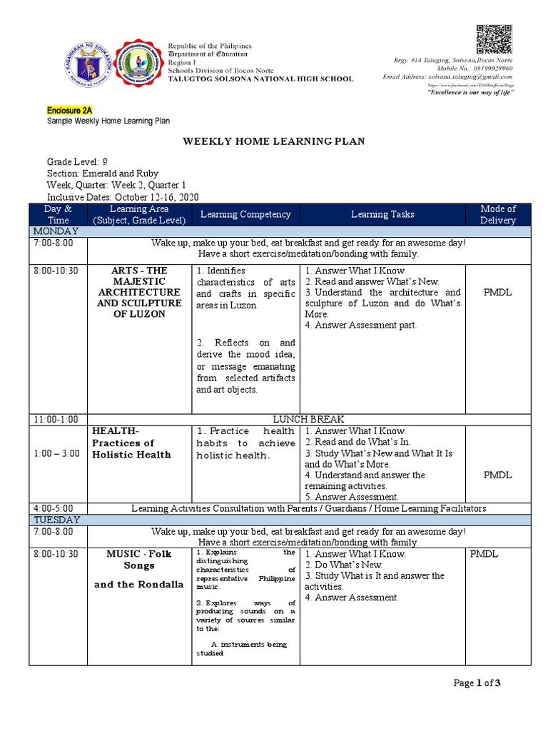 Enclosure 2A Sample Weekly Home Learning Plan | PDF | Learning | Cognition