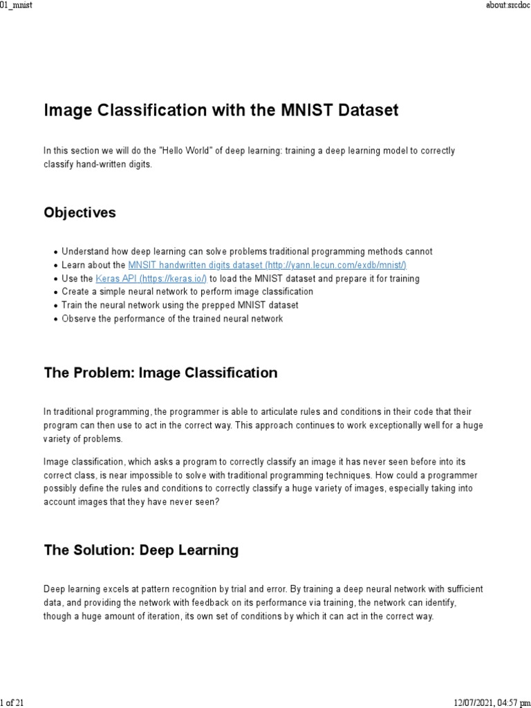 Image Classification With The MNIST Dataset: Objectives | PDF | Deep ...