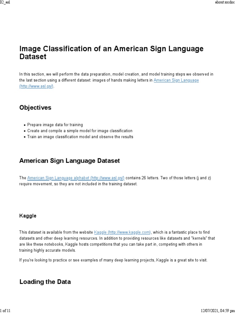 Image Classification of An American Sign Language Dataset: Objectives ...