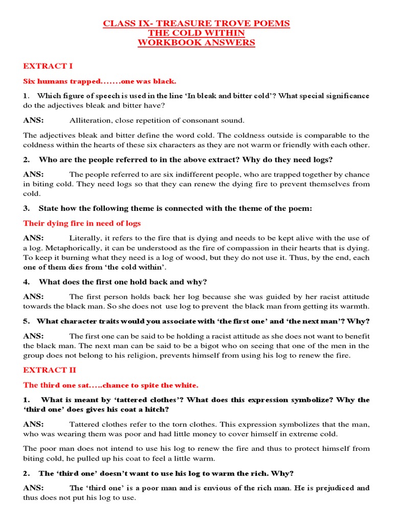 Class Ix-Treasure Trove Poems The Cold Within Workbook Answers | PDF ...
