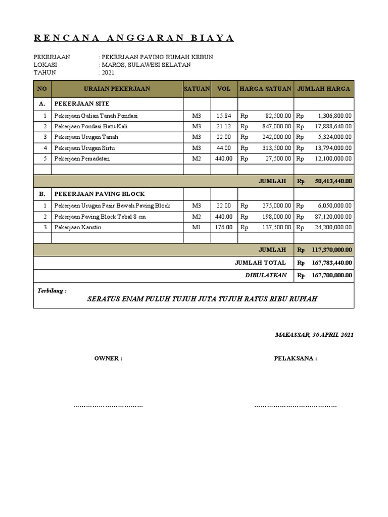 RAB Paving Rumah Kebun 01 | PDF