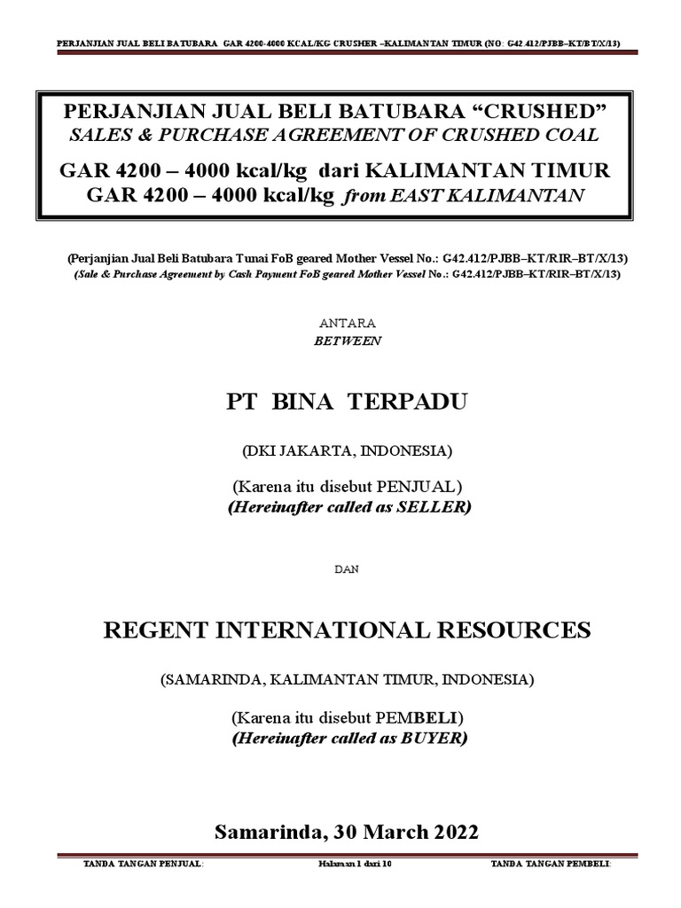 Draft Contract Gar 42-40 PT Regent International Resources | PDF