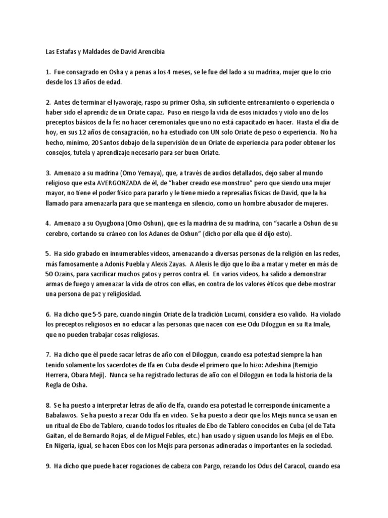 Las Estafas y Maldades de David Arencibia | PDF | Santeria