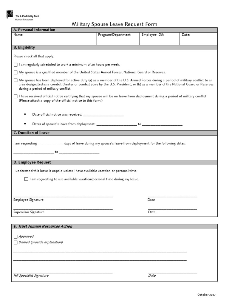 Military Spouse Leave Request Form: A. Personal Information | PDF ...
