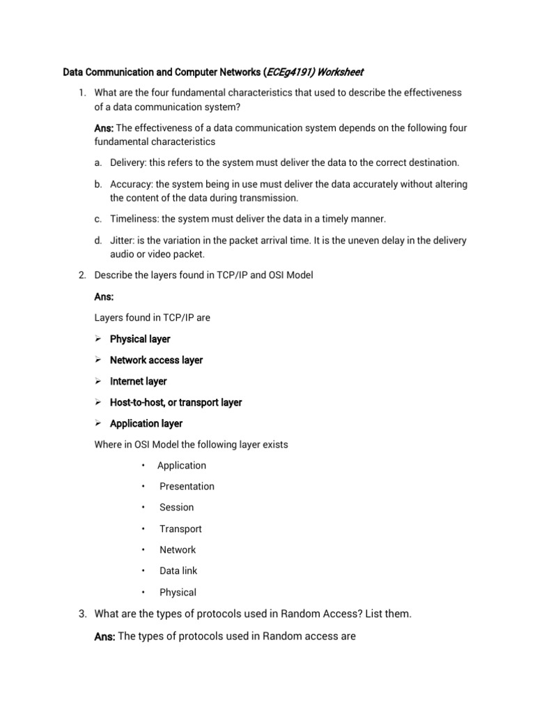 Data Communication and Computer Networks Worksheet - 060121154325 | PDF ...