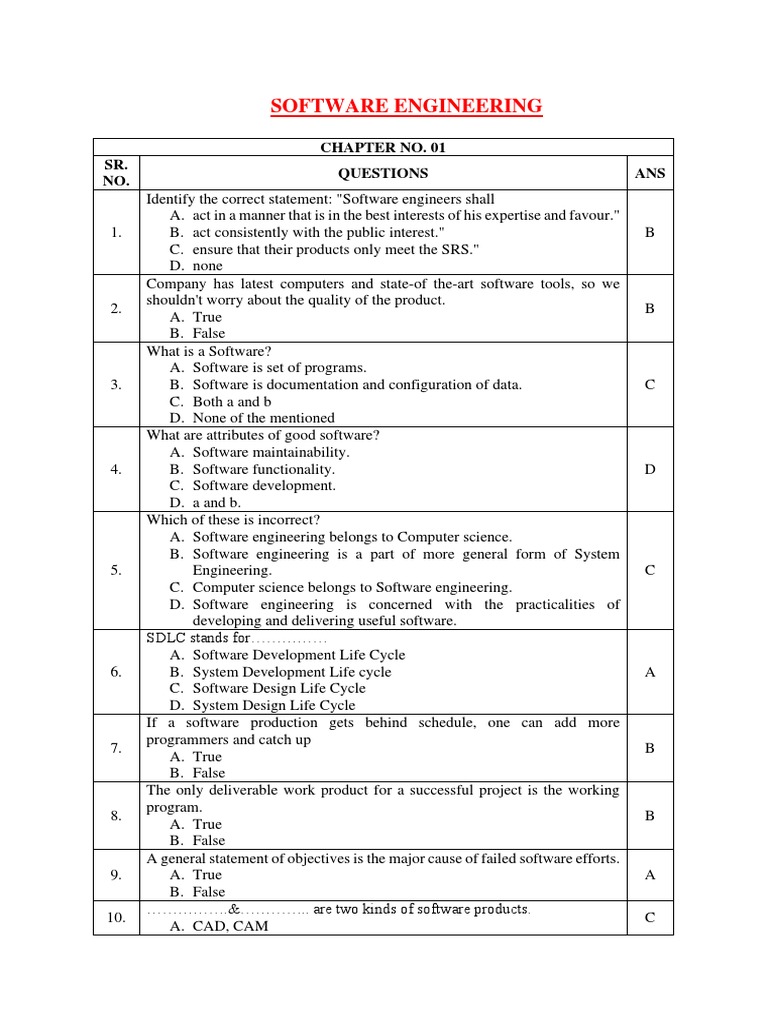 Software Engineering: Chapter No. 01 SR. NO. Questions ANS | Download Free PDF | Software ...