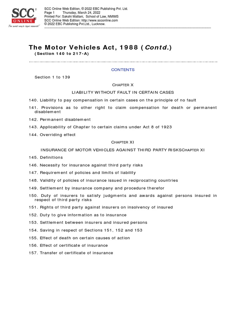 The Motor Vehicles Act, 1988 (Contd.) : (Section 140 To 217-A) | PDF ...