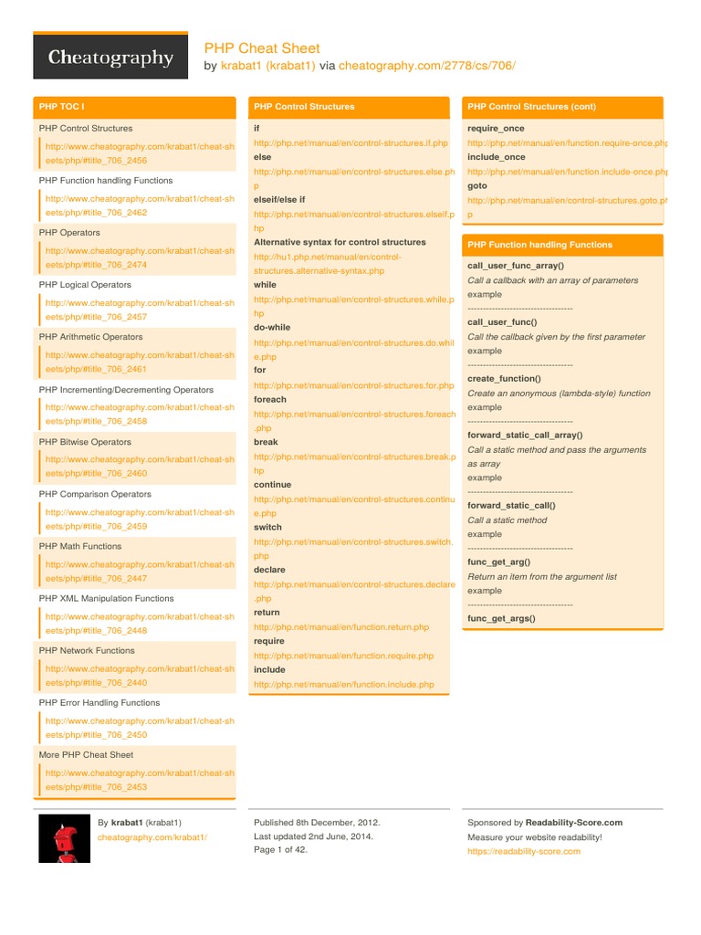 PHP Cheat Sheet: by Via | PDF | Xml | Trigonometric Functions
