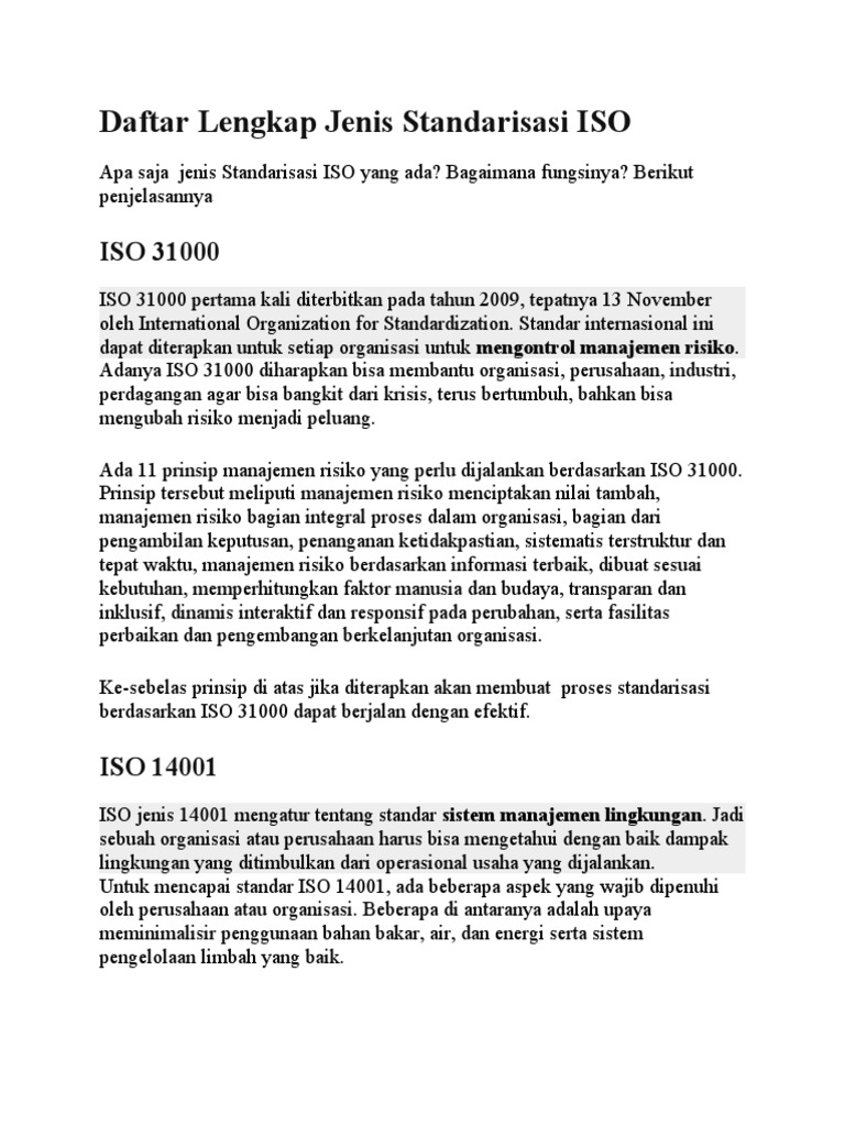 Daftar Lengkap Jenis Standarisasi ISO | PDF