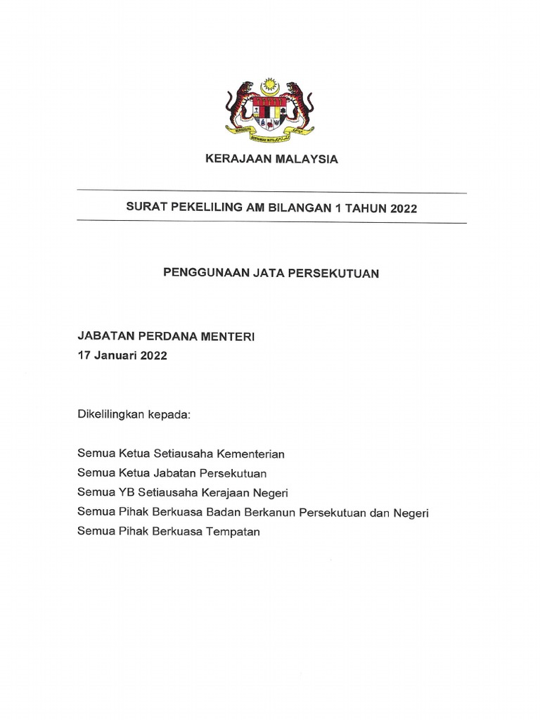 Surat Pekeliling Am Bil 1 Tahun 2022 - Penggunaan Jata Persekutuan | PDF