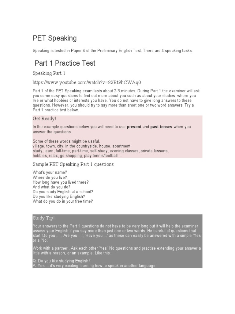 PET Speaking Test | PDF | Test (Assessment) | Cognition