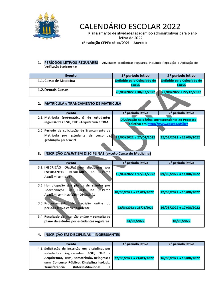 Calendário Escolar 2022 - Projeto | PDF | Estágios educacionais