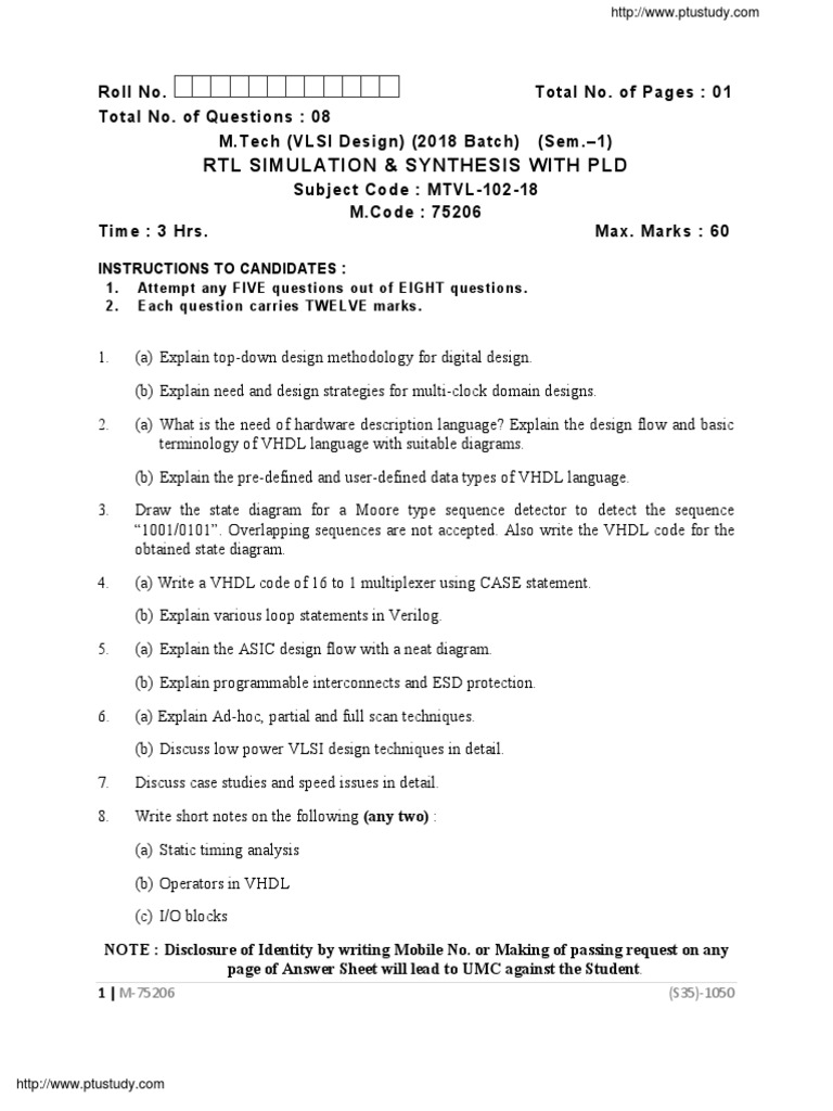 RTL Simulation & Synthesis With PLD: Instructions To Candidates | PDF