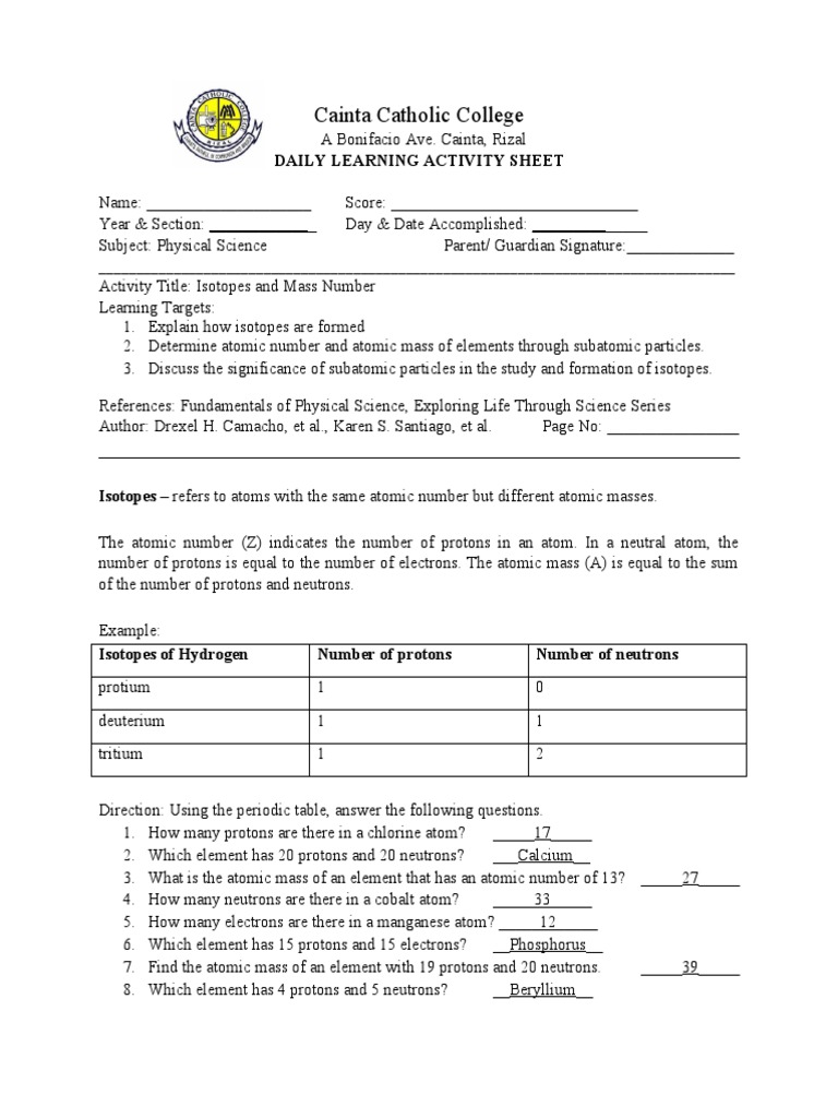Cainta Catholic College: Daily Learning Activity Sheet | PDF | Proton ...