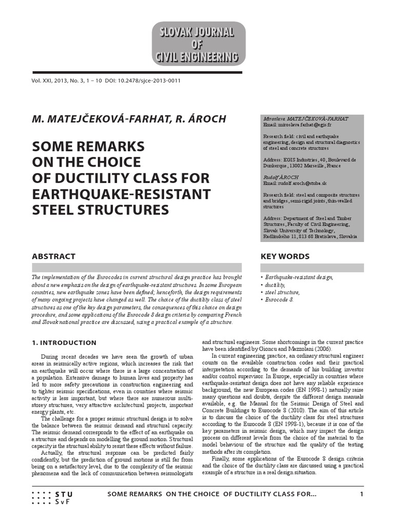 Some Remarks On The Choice of Ductility Class For Earthquake Resistant ...