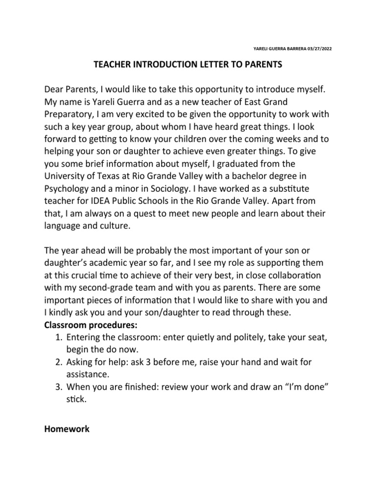 Teacher Introduction Letter To Parents | PDF