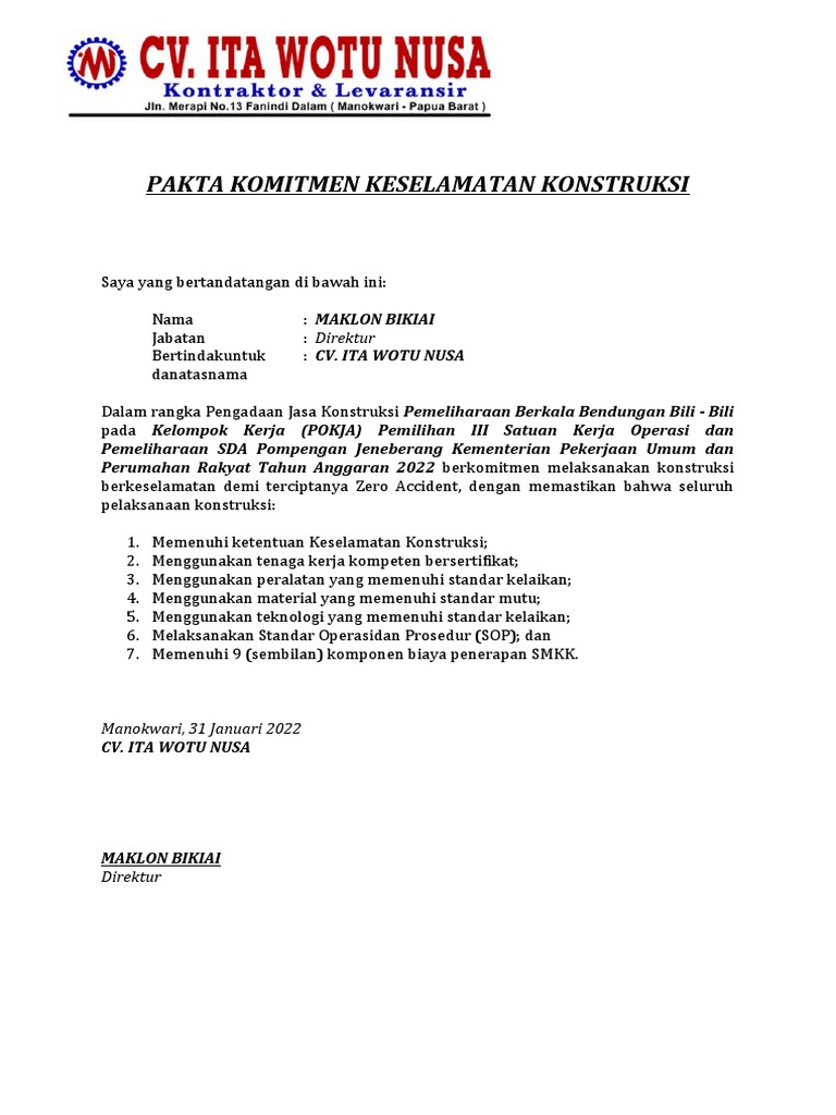 Pakta Komitmen Keselamatan Konstruksi | PDF