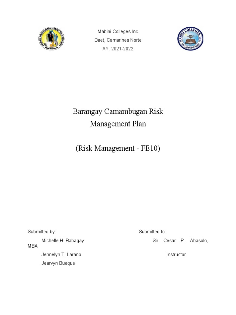Barangay Camambugan Risk Management Plan (Risk Management - FE10) | PDF ...