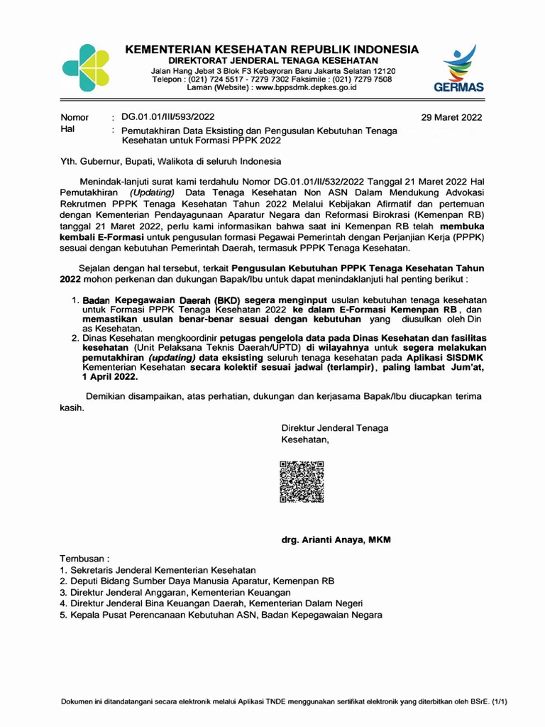 Pemutakhiran Data Eksisting Dan Pengusulan Kebutuhan Tenaga Kesehatan Untuk Formasi PPPK 2022 | PDF